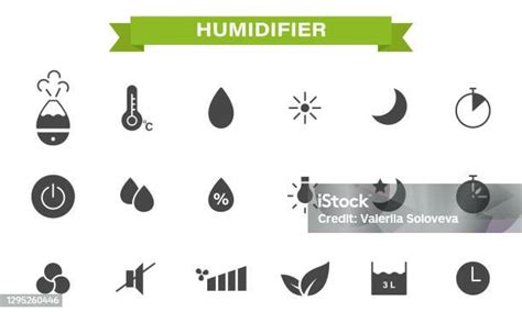 가습기를 테마로 한 플랫 심플한 흑백 아이콘 세트 습도 온도 백라이트 무음 야간 모드를 나타내는 버튼과 기호 흰색으로 격리된 벡터 그림 0명에 대한 스톡 벡터 아트 및 기타