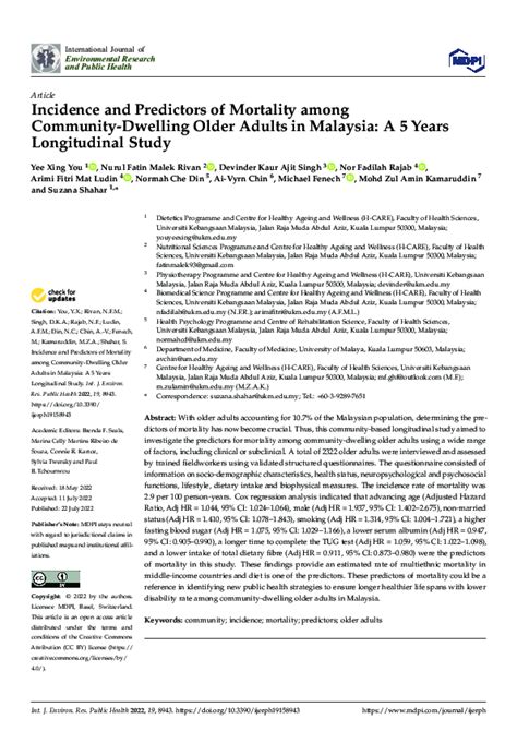 Pdf Incidence And Predictors Of Mortality Among Community Dwelling Older Adults In Malaysia A