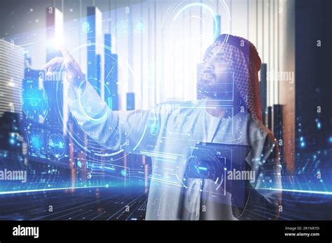 Muslim Businessman Working With Floating Data Visualization Screen