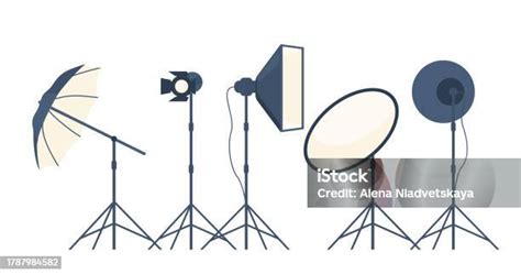 블로깅 브이로깅 스튜디오 사진 및 비디오를 위한 다양한 유형의 전문 조명 장비 벡터 일러스트 레이 션입니다 디자인에 대한 스톡 벡터 아트 및 기타 이미지 Istock