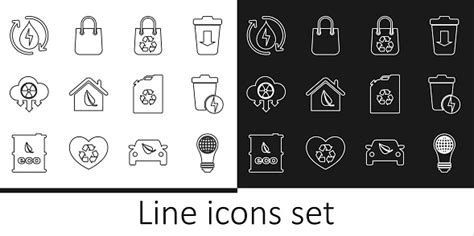 세계 지구본 번개 쓰레기통 쇼핑백 재활용 친환경 주택 산성비 및 방사능 구름 깨끗한 아쿠아 연료 용기 및 아이콘으로 전구를 설정합니다 벡터 검은색에 대한 스톡 벡터 아트 및