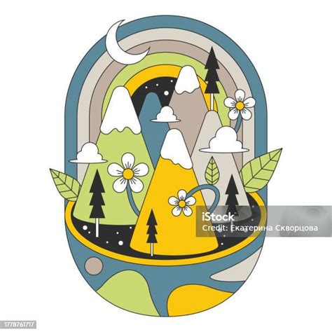 70 년대와 60 년대 스타일의 화려한 그루비 산 꽃 및 무지개 그림 빈티지 히피 풍경입니다 사이키델릭 70 년대 자연 배경입니다 벡터 그래픽 디자인 1960 1969 년에