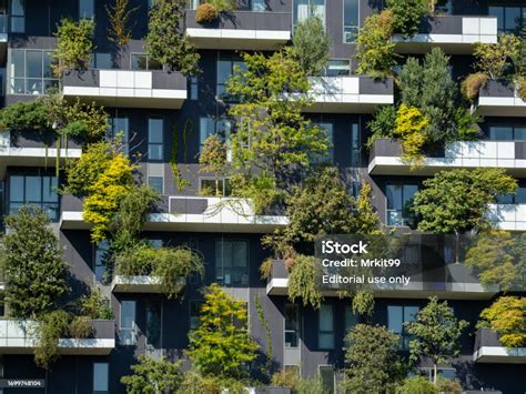 보스코 버티컬 은 각 발코니에 많은 나무가 있는 현대적이고 생태적인 고층 빌딩을 가까이서 볼 수 있습니다 현대 건축 수직 정원 식물이있는 테라스 0명에 대한 스톡 사진 및