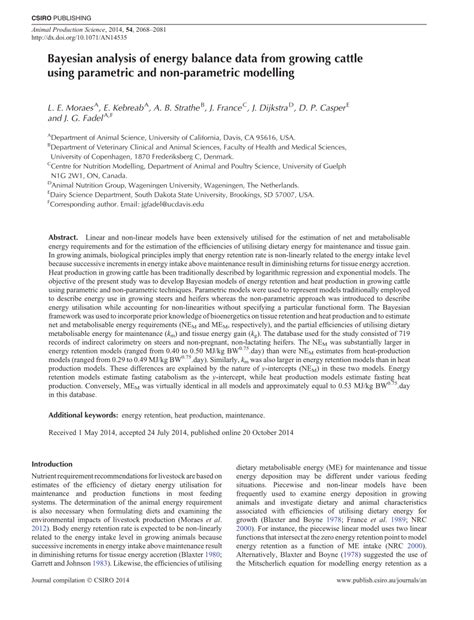 Pdf Bayesian Analysis Of Energy Balance Data From Growing Cattle