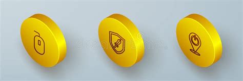 Set Isometric Line Computer Mouse Sword For Game And Power Button Icon Vector Stock Vector