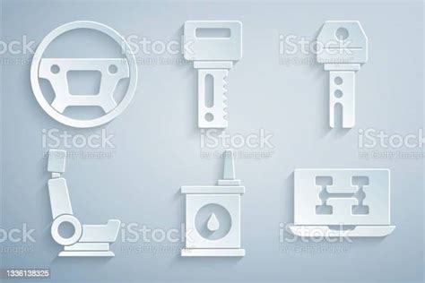 모터 오일용 캐니스터 원격 좌석 자동차 진단 조건 및 스티어링 휠 아이콘이 있는 자동차 키를 설정합니다 벡터 3차원 형태에 대한