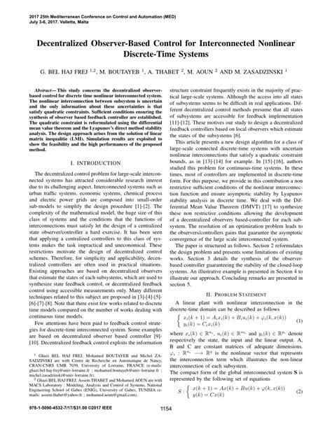 Pdf Decentralized Observer Based Control For Interconnected Nonlinear Discrete Time Systems