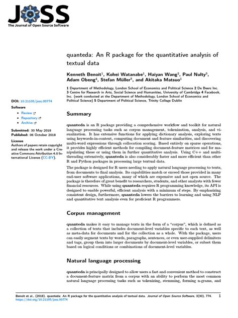 Quanteda An R Package For The Quantitative Analysis Of Textual Data Pdf Software Computer