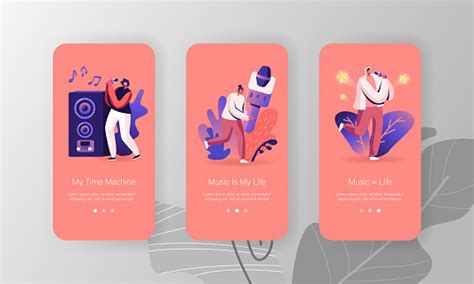 가라오케 클럽 모바일 앱 페이지 온보드 화면 세트에 있는 사람들 웹 사이트 또는 웹 페이지 만화 플랫 벡터 일러스트에 대한 바 개념의 거대한 역학 근처 마이크와 함께 노래를