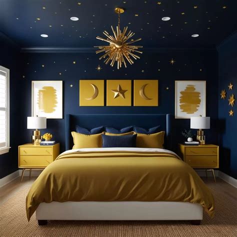 دکوراسیون اتاق خواب سورمه ای سفید و طلایی جدید با چیدمانی مدرن