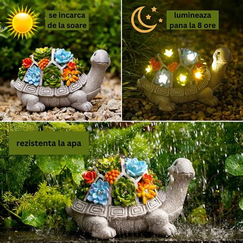 Соларна градинска лампа костенурка със 7 Led лампи и смолисти сукулентни растения идеална за