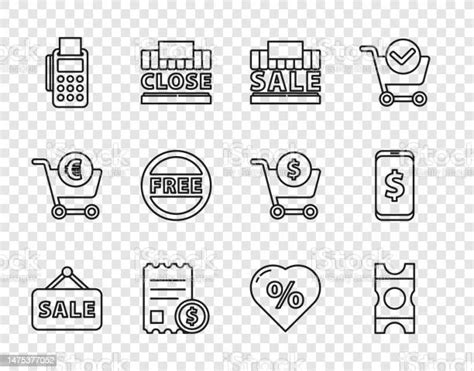 판매 쿠폰 쇼핑 건물 및 판매 종이 수표 재무 수표 Pos 단말기 신용 카드 가격표 무료 할인 퍼센트 심장 및 스마트 폰 달러 아이콘으로 줄을 걸어 기호를 설정합니다 벡터