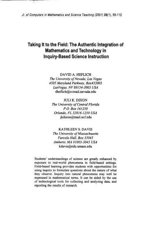 Pdf Taking It To The Field The Authentic Integration Of Mathematics And Technology In Inquiry