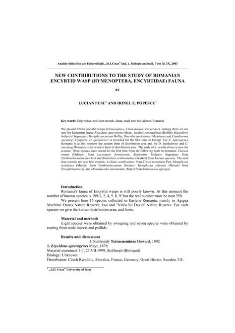 Pdf New Contributions To The Study Of Romanian Encyrtid Wasp