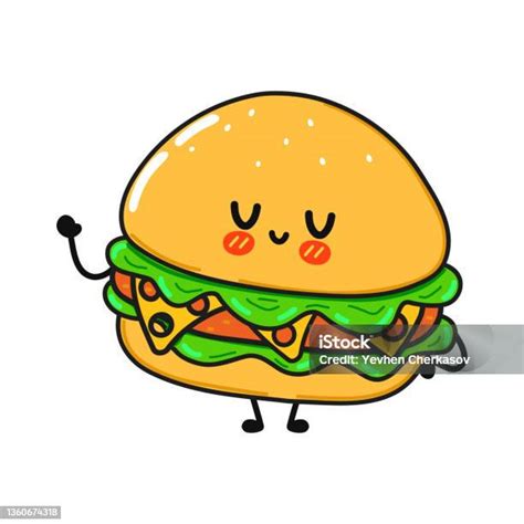 귀여운 재미 햄버거 캐릭터 벡터 핸드 그린 만화 가와이 캐릭터 일러스트 아이콘 빵에 대한 스톡 벡터 아트 및 기타 이미지 빵