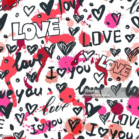 손으로 그린 하트와 Word 사랑 벡터 완벽 한 패턴입니다 흑백 잉크 아이콘 스케치와 수채화 얼룩 0명에 대한 스톡 벡터 아트 및 기타 이미지 Istock