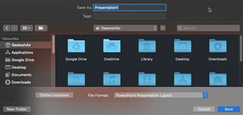 save and save as tabs of backstage view in powerpoint 365 for mac