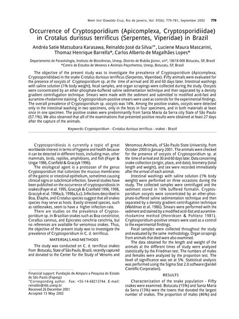 Pdf Occurrence Of Cryptosporidium Apicomplexa Cryptosporidiidae In Crotalus Durissus