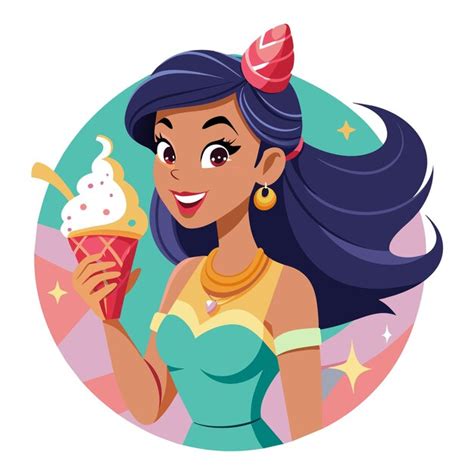 A Cartoon Drawing Of A Woman Holding An Ice Cream And An Apple Premium AI Generated Vector