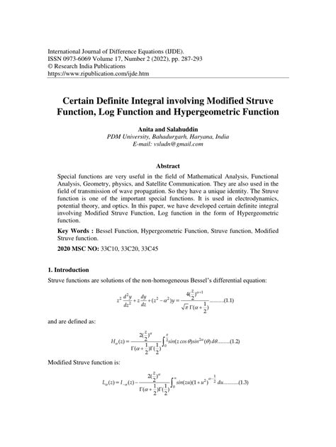 pdf certain definite integral involving modified struve function log