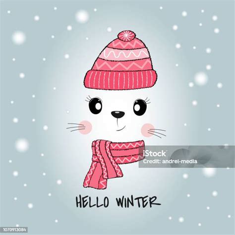안녕하세요 겨울 파란색 배경에서 격리 된 메시지와 함께 모자에 귀여운 고양이 얼굴 0명에 대한 스톡 벡터 아트 및 기타 이미지 0명 12월 1월 Istock