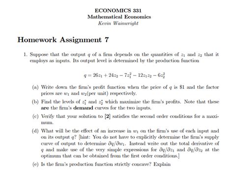 Solved Economics 331 Mathematical Economics Kevin Wainwright