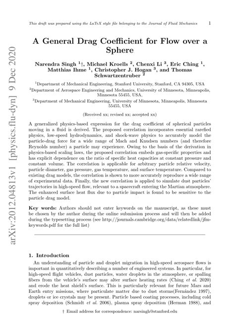 Pdf A General Drag Coefficient For Flow Over A Sphere