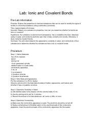 Lab Ionic And Covalent Bonds Pdf Lab Ionic And Covalent Bonds Pre Lab Information Purpose