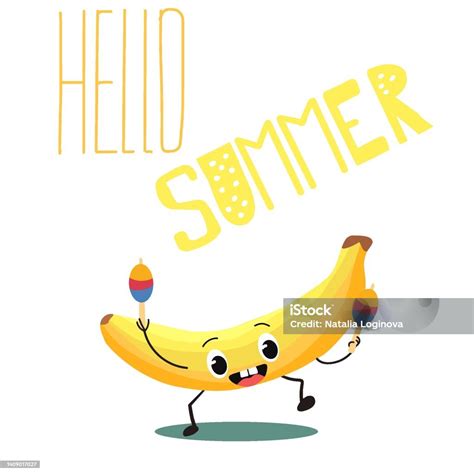 벡터 일러스트 레이 션 캐릭터 마라카스를 연주하는 만화 쾌활한 바나나 레터링 안녕하세요 여름 여름 분위기 재미있는 과일 유기농 아이들의 개념 건강한 식생활에 대한 스톡 벡터