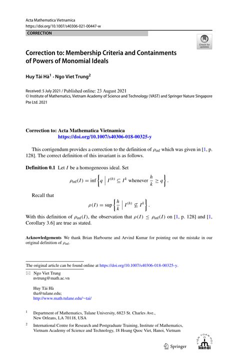 Pdf Correction To Membership Criteria And Containments Of Powers Of Monomial Ideals
