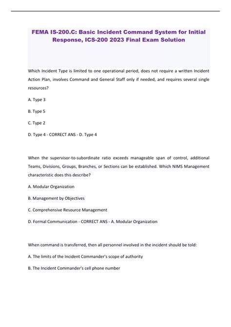 Fema Is 200 C Basic Incident Command System For Initial Response Ics 200 2023 Final Exam