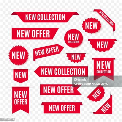 새 컬렉션은 태그 및 레이블을 제공합니다 흰색 배경에 격리 된 빨간색 리본 배너입니다 모든 디자인 프로젝트에 대한 벡터 프로모션 배지 3차원 형태에 대한 스톡 벡터 아트 및