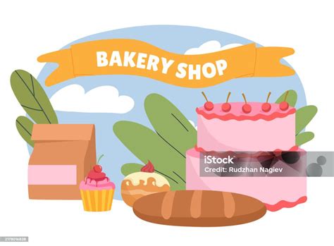 베이커리 가게 포스터 케이크 롤빵 컵 케이크 및 패키지 생과자와 수제 빵집 디저트와 진미 카페 또는 레스토랑 평면 벡터 일러스트 레이 션 갈색에 대한 스톡 벡터 아트 및