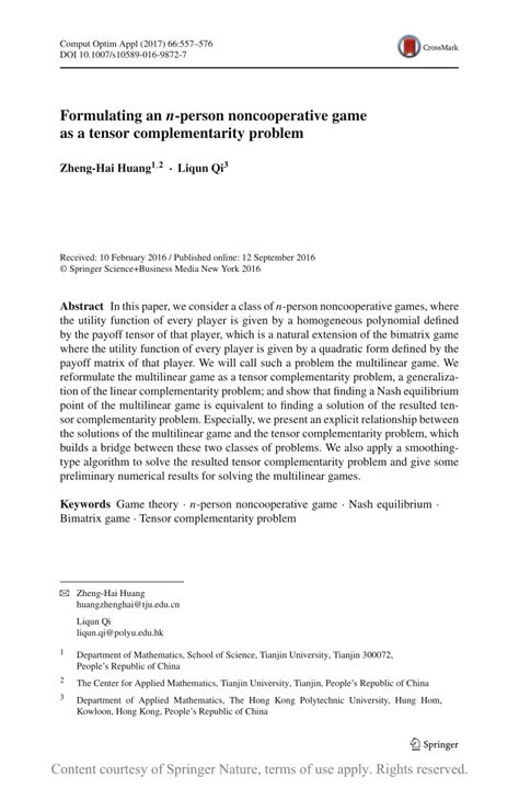 Formulating An N Person Noncooperative Game As A Tensor Complementarity Problem
