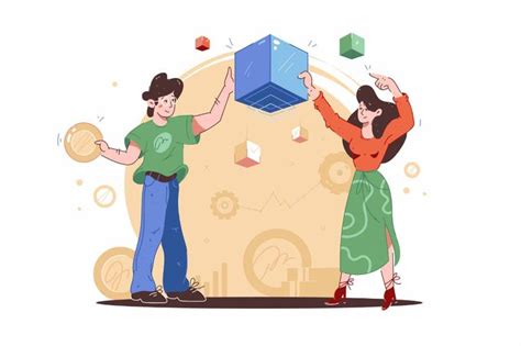 Boy And Girl Holding Blockchain Cubes Illustration Kit8