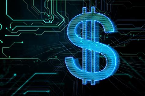 어두운 회로 배경 하드웨어 및 온라인 뱅킹 개념 3d 렌더링에 창의적인 빛나는 파란색 달러 홀로그램 프리미엄 사진