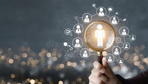 Hand Holding Magnifier Glass With Human Icon For Focus Customer Target Stock Illustration