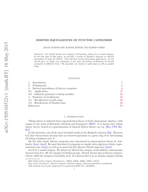 PDF Derived Equivalences Of Functor Categories