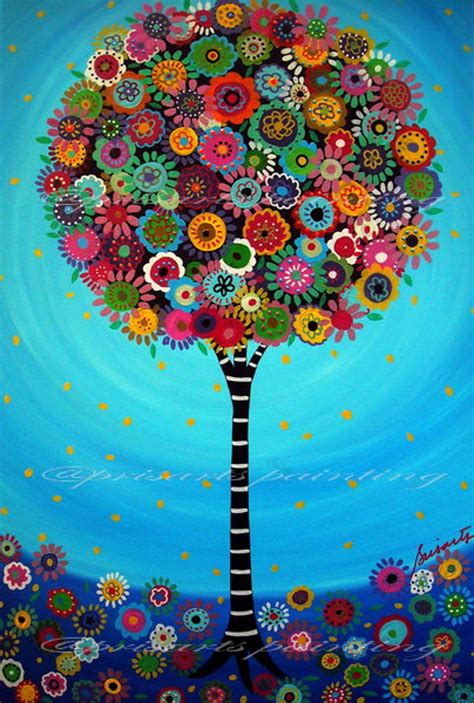 Mexican Folk Art Tree Of Life Painting Bar Bat Mitzvah Gift PRINT Whimsical Flowers Etsy