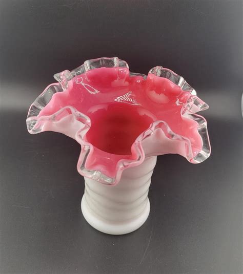 Vintage Fenton Pink And White Ruffled Silvercrest Vase Milkglass