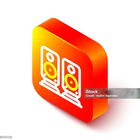 흰색 배경에 격리 된 등색 선 스테레오 스피커 아이콘 사운드 시스템 스피커 음악 아이콘입니다 음악 기둥 스피커베이스 장비 주황색 정사각형 버튼 벡터 3차원 형태에 대한 스톡