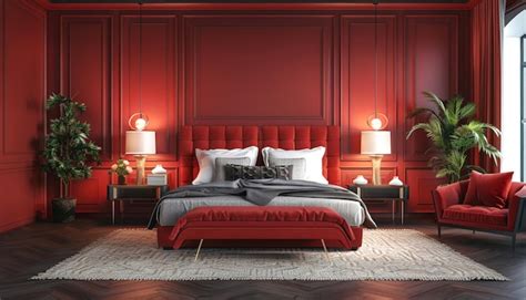 Beautiful Bedroom Suite In Hotel With Red Color Decorated Premium Photo