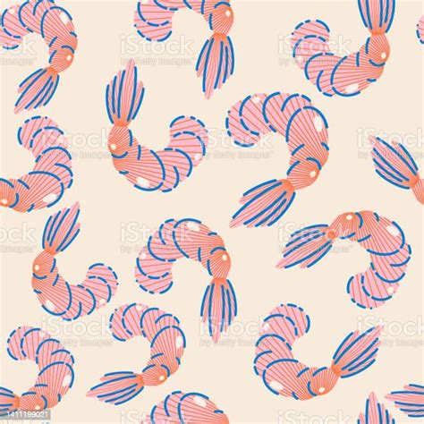 원활한 패턴 배경 포장지 일러스트 레이 션 엽서 벡터에 다채로운 귀여운 새우로 인쇄 새우 해산물에 대한 스톡 벡터 아트 및 기타