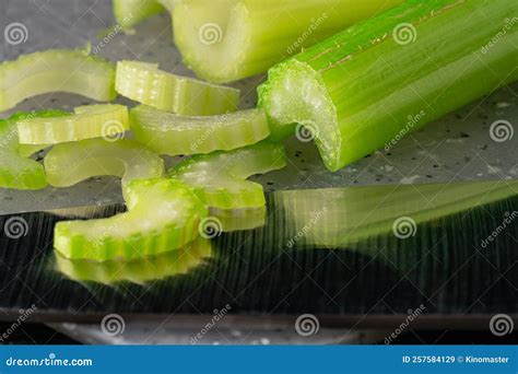 Juicy Fresh Celery Stalks Cutting Into Slices Chopped Green Celery