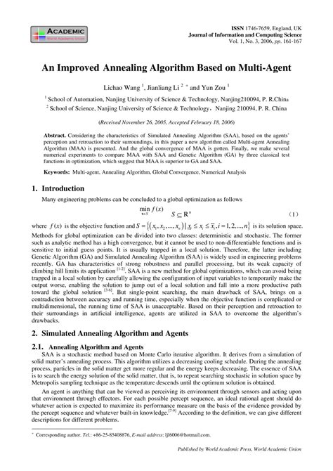 Global Science Press An Improved Annealing Algorithm Based On Multi Agent