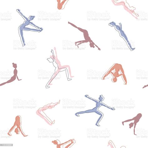 요가와 스포츠를 주제로 한 패턴은 다양한 색상의 포즈와 선형 스트로크로 구성되어 있습니다 Practice Round에 대한 스톡 벡터 아트 및 기타 이미지