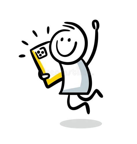 Happy Doodle Man Jumping Of Joy With New Smart Phone In Arms Stock Vector Illustration Of