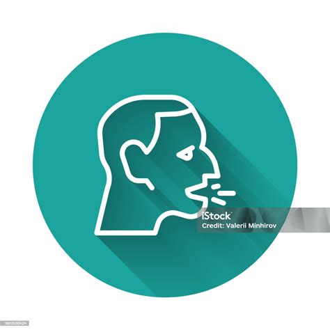 흰색 선 남자 기침 아이콘은 긴 그림자 배경으로 고립되어 있습니다 바이러스 감염 인플루엔자 독감 감기 증상 결핵 볼거리 백일해