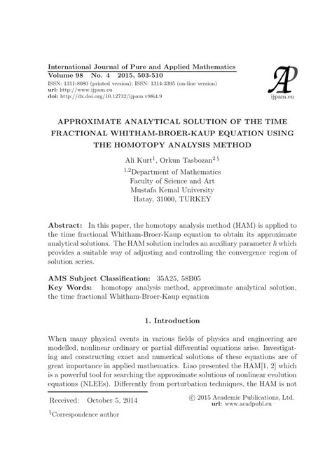 Pdf Approximate Analytical Solution Of The Time Fractional Whitham Broer Kaup Equation Using