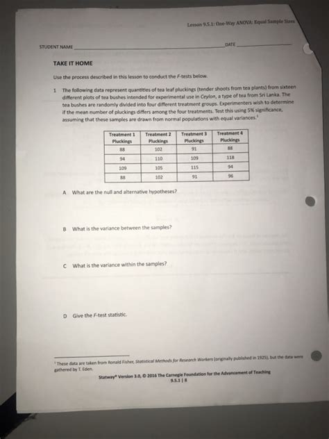 Solved Lesson 951 One Way Anova Equal Sample Sizes